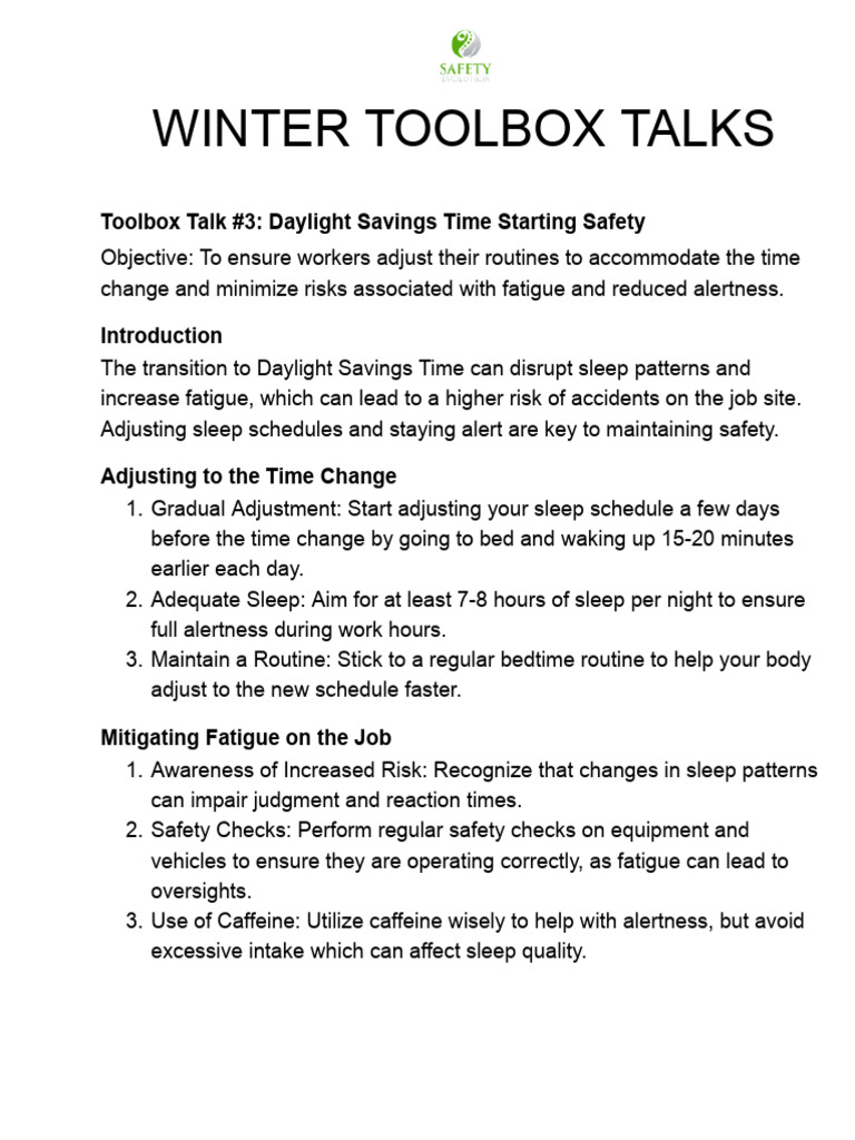 Winter Toolbox Talk #3 - Daylight Savings Time Starting Safety | PDF ...