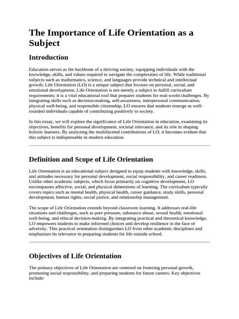 The Importance of Life Orientation As A Subject | PDF | Psychological ...