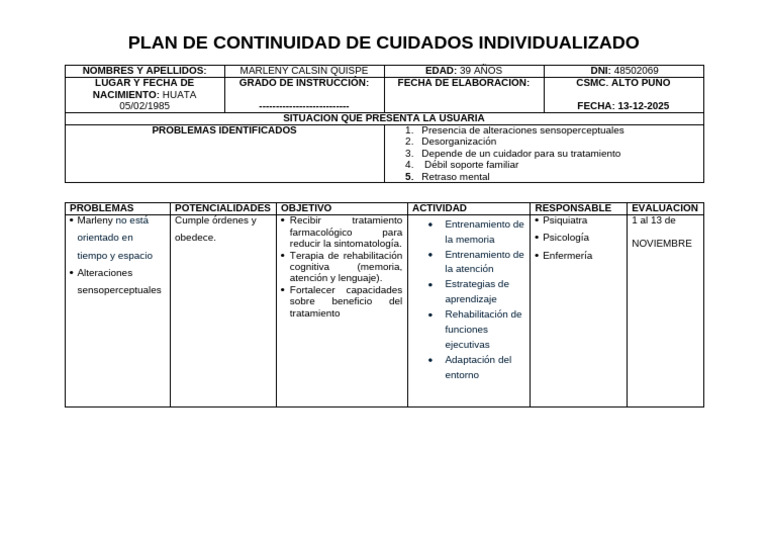 Plan de Continuidad de MARLENY 1 | PDF | Psicología cognitiva ...