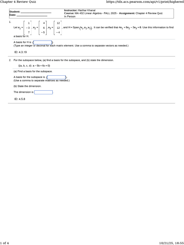 Chapter 4 Review Quiz | PDF | Linear Subspace | Vector Space