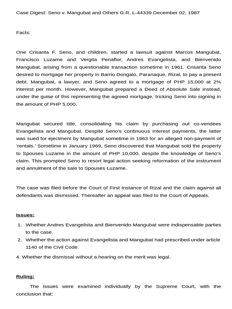 Case Digest 2 Seno vs. Mangubat | PDF | Laches (Equity) | Private Law