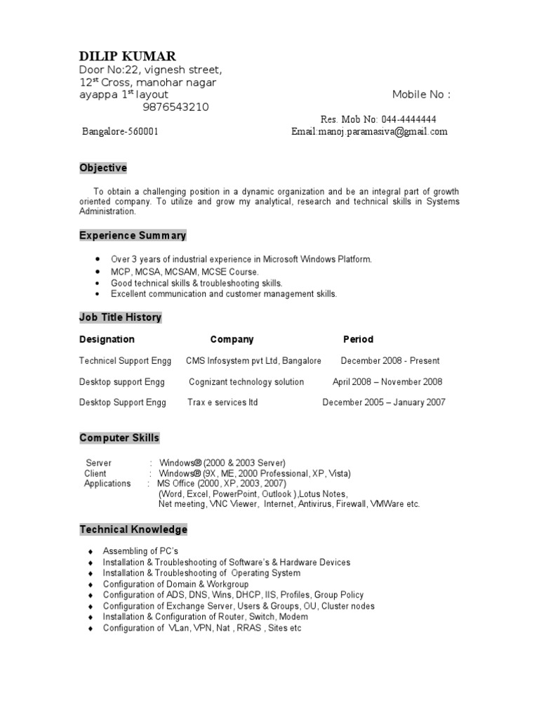 Dilip Resume | System Administrator | Microsoft Windows | Free 30-day ...
