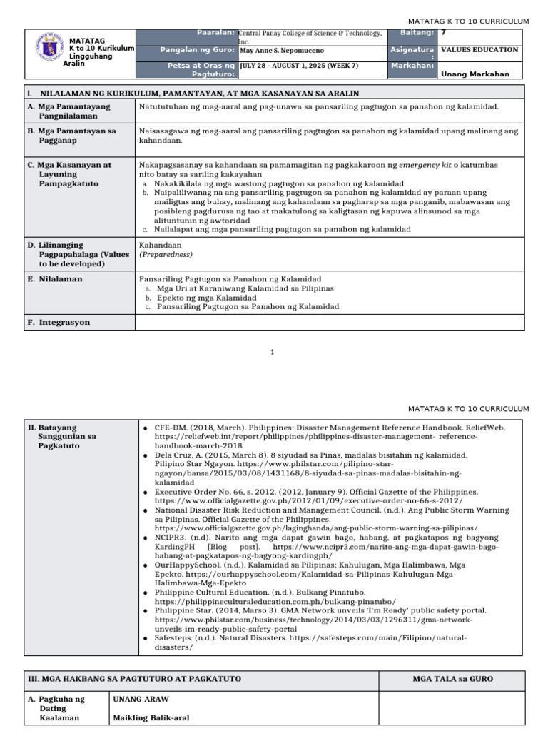 DLL Matatag - Values Education 7 q1 w7 | PDF