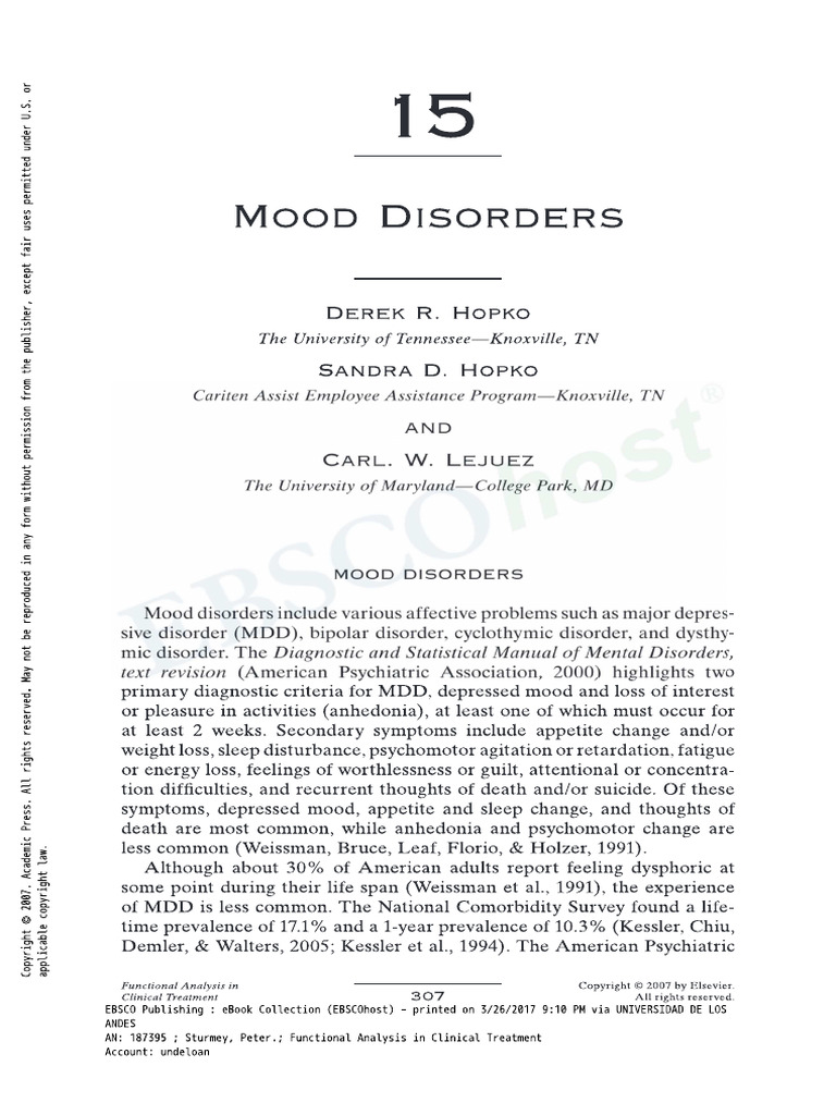 Hopko, D.R., Hopko,S.D. y Lejuez,C.W. (2007). Mood Disorders. | PDF