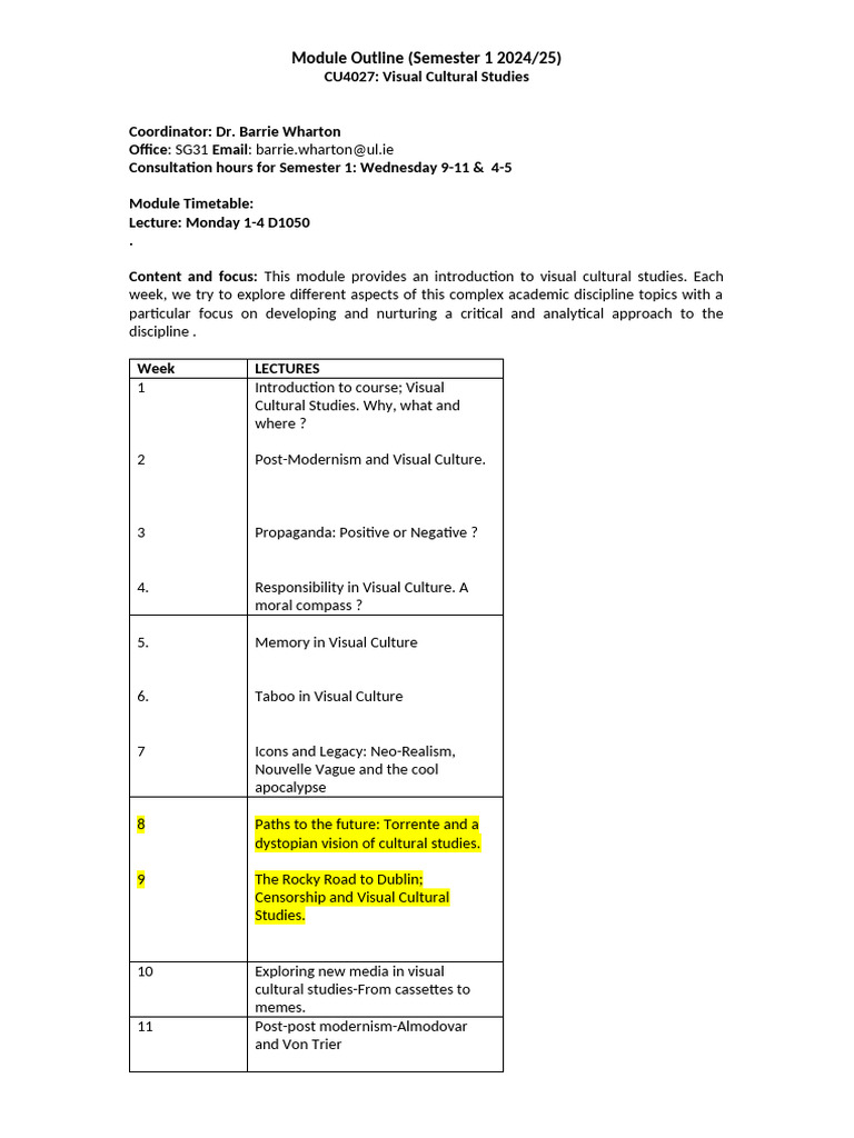 CU4027 Semester 1 2023-24 Module Outline | PDF | Essays | Cultural Studies