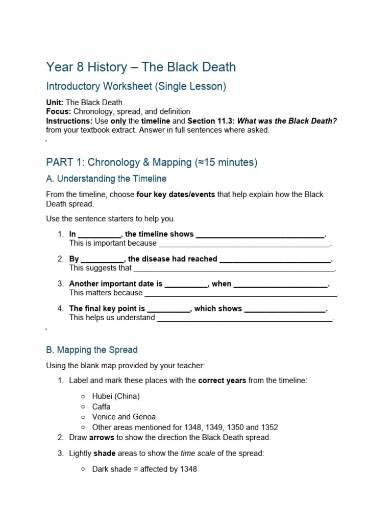 Year 8 History - The Black Death (Introductory Worksheet) | PDF | Black ...
