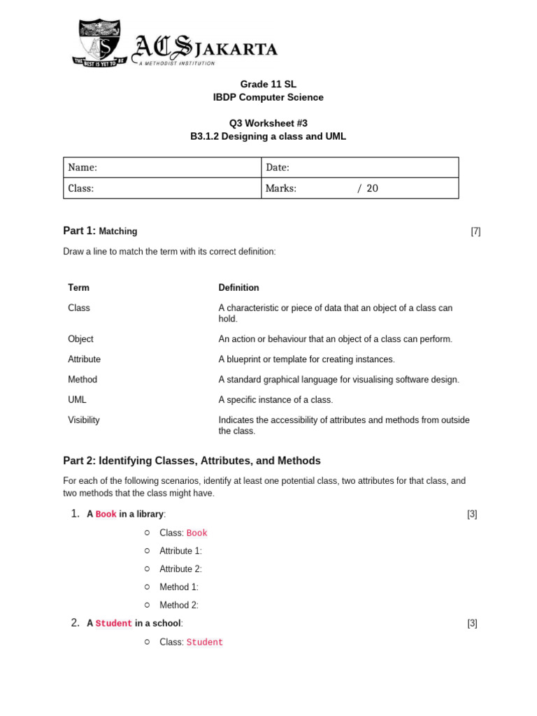 B 3.1.2 Designing Classes With UML Worksheet (1) | PDF | Unified ...