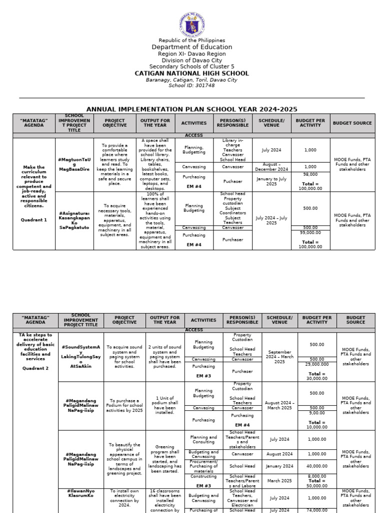Annual Improvement Plan SY 2024-2025 | PDF
