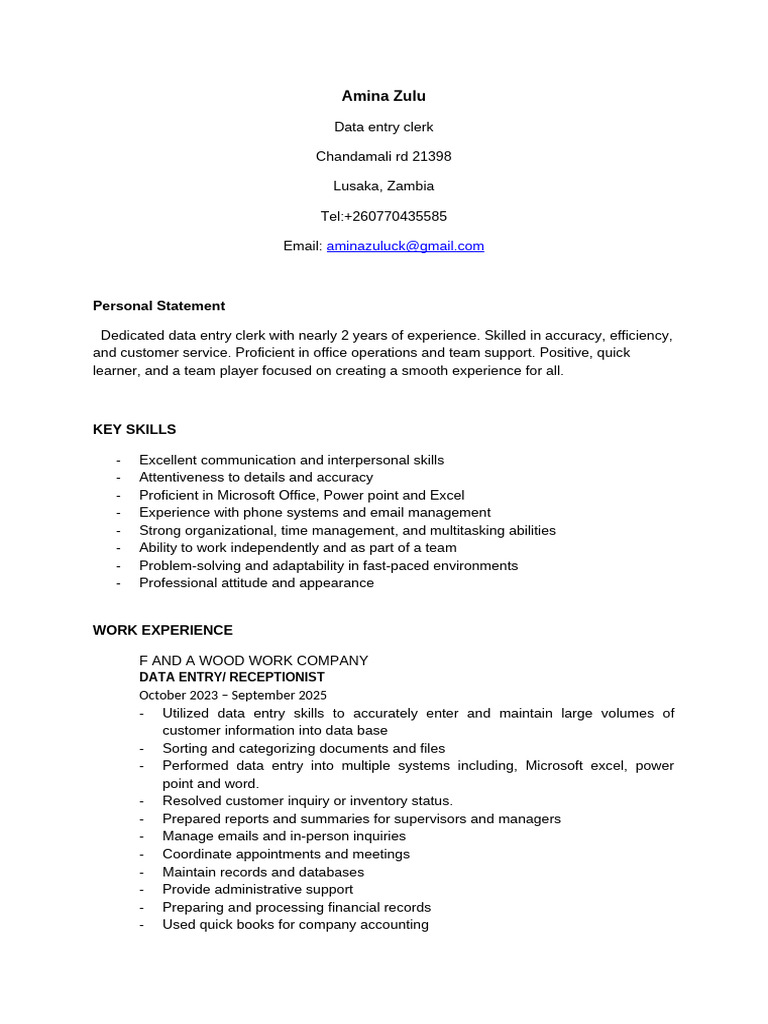 Amina Zulu Data Entry CV | PDF
