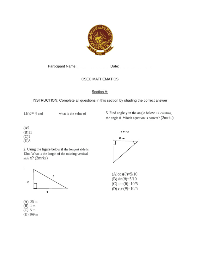 Csec Math Mock Exam 1 | PDF | Angle | Mathematics