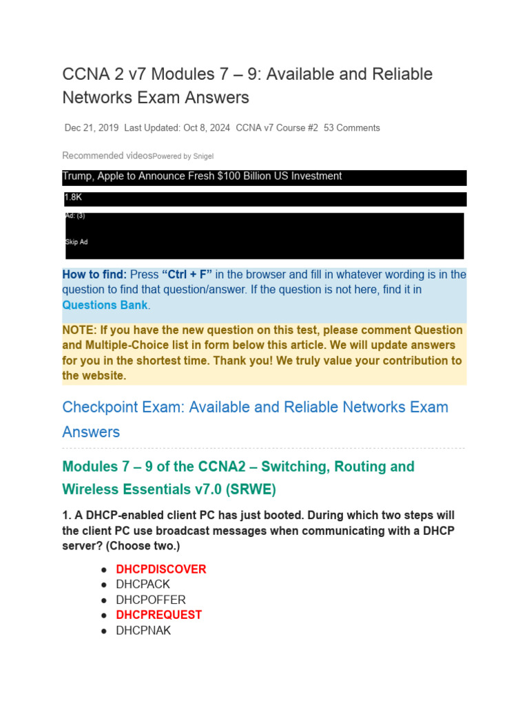 CCNA 2 v7 Modules 7 - 9 - Available and Reliable Networks Exam Answers ...
