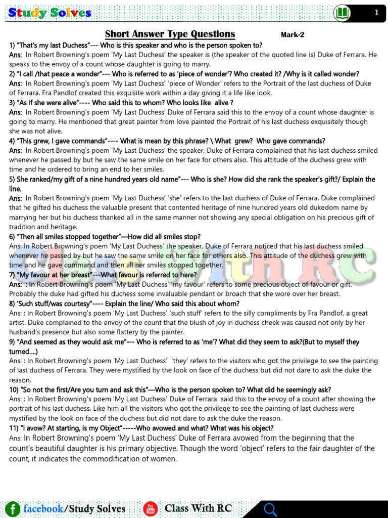 My Last Duchess Questions and Answers | PDF