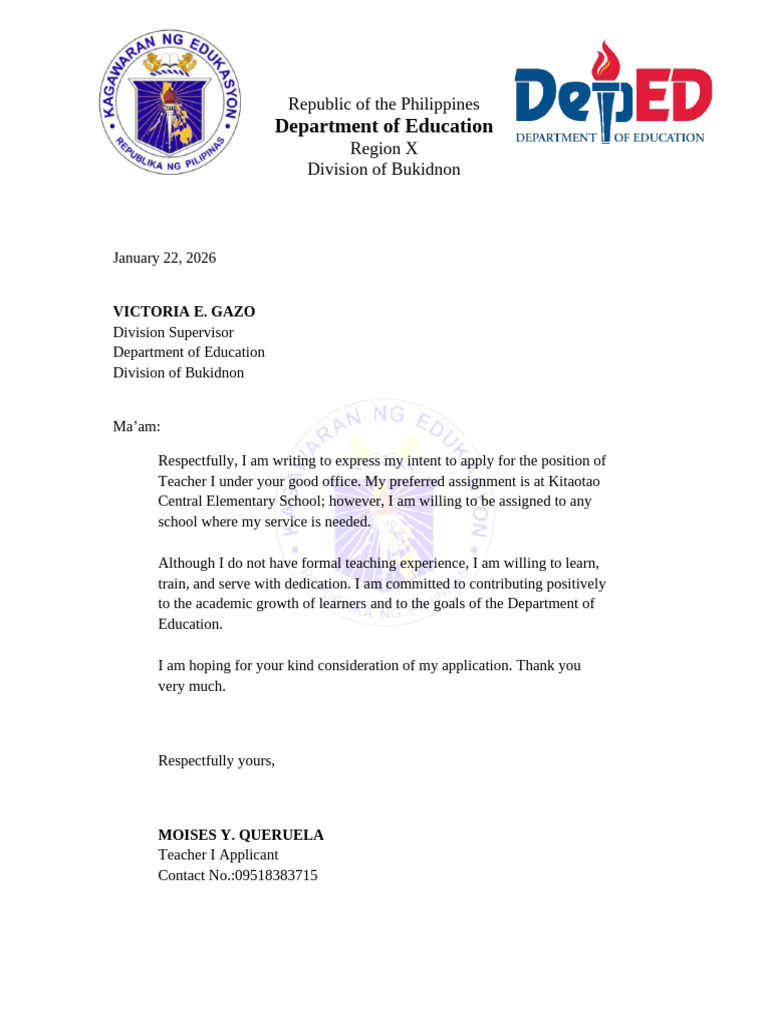Letter of Intent Teacher I DepEd Style Revised-1 | PDF