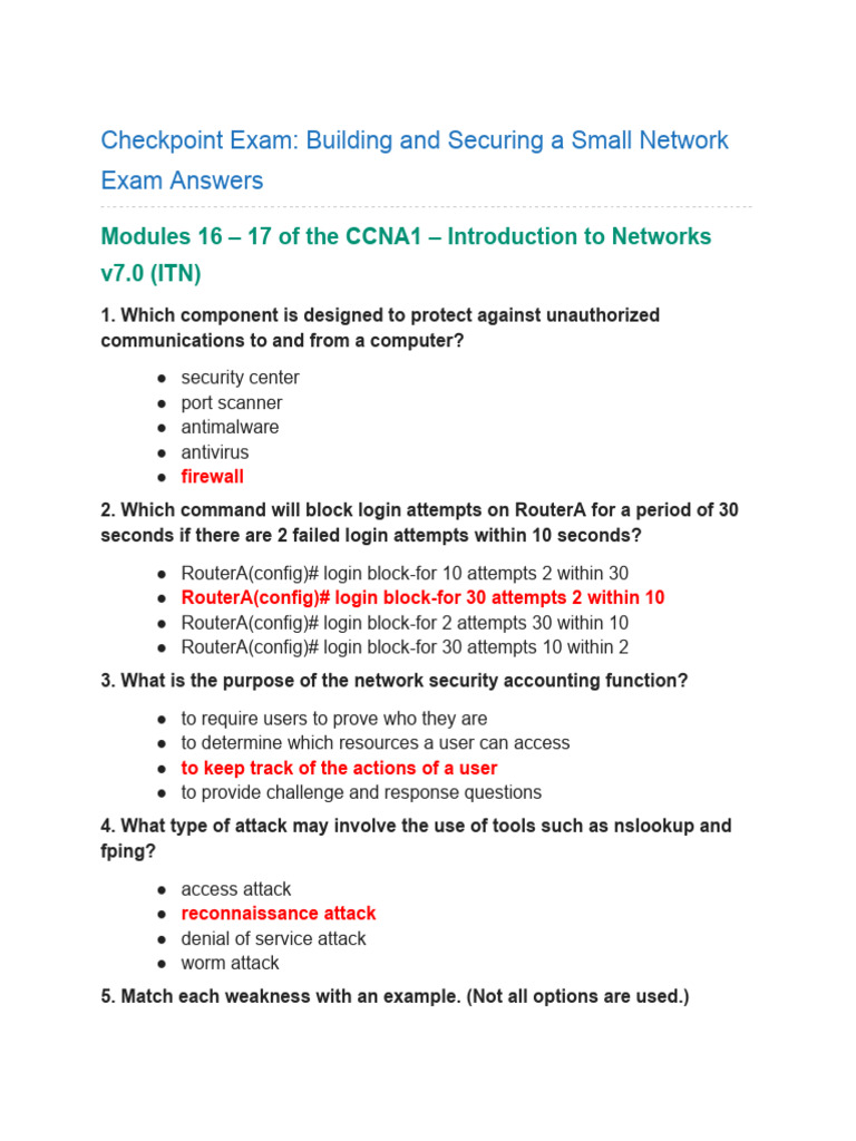 Checkpoint Exam - Building and Securing A Small Network Exam Answers ...