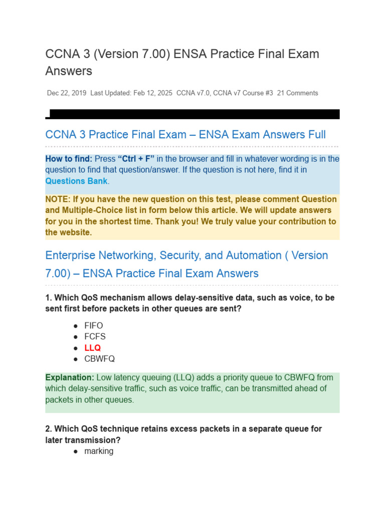 CCNA 3 (Version 7.00) ENSA Practice Final Exam | PDF | Virtual Private ...