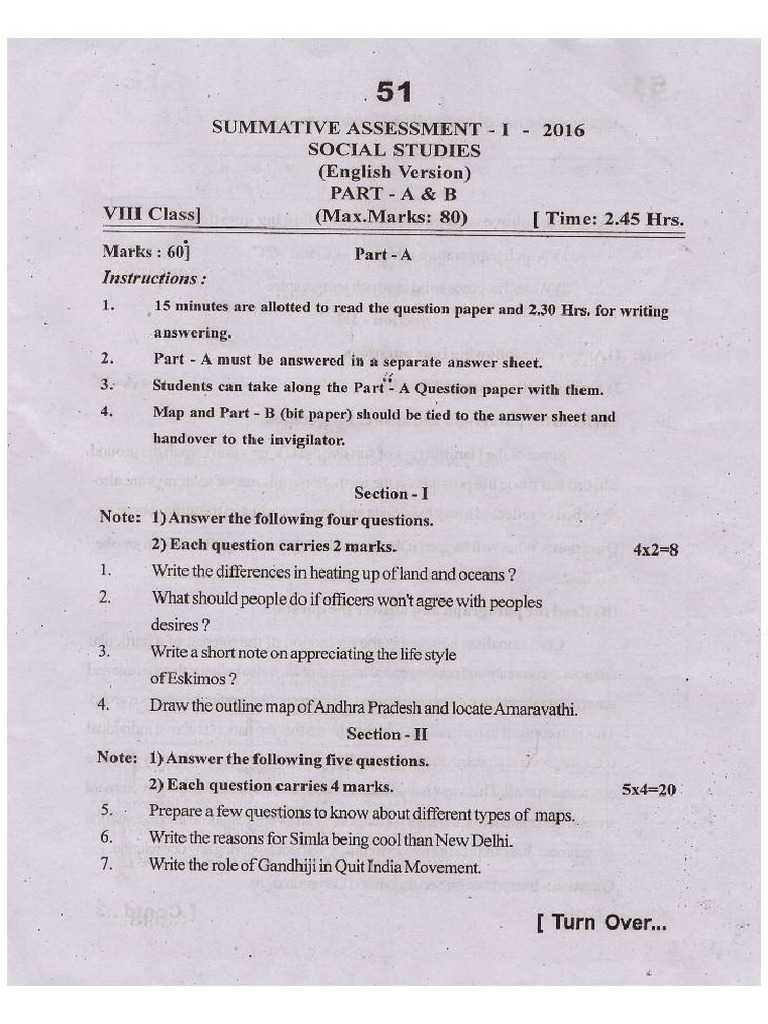 Andhra Class 8 Summative Assessment 1 Exam 2016 Question Paper - Social ...