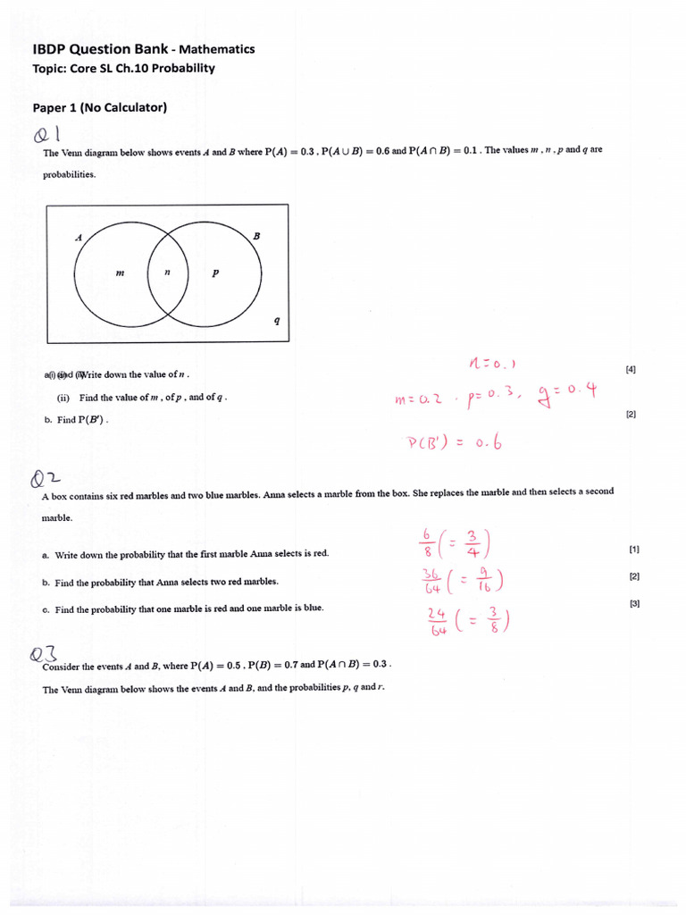 IBDP Question Bank Core SL Ch.10 Probability With Worked Solutions | PDF