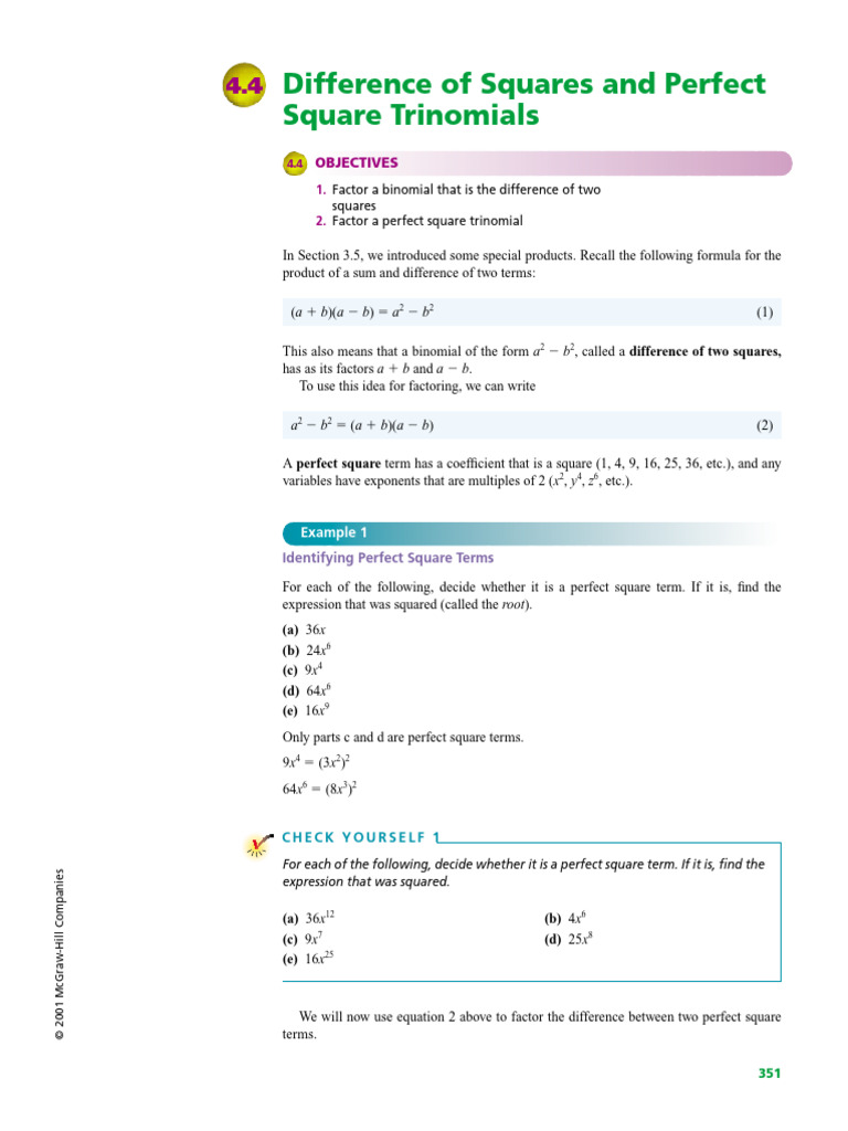 Difference of Squares and Perfect Square Trinomials: Objectives | PDF ...