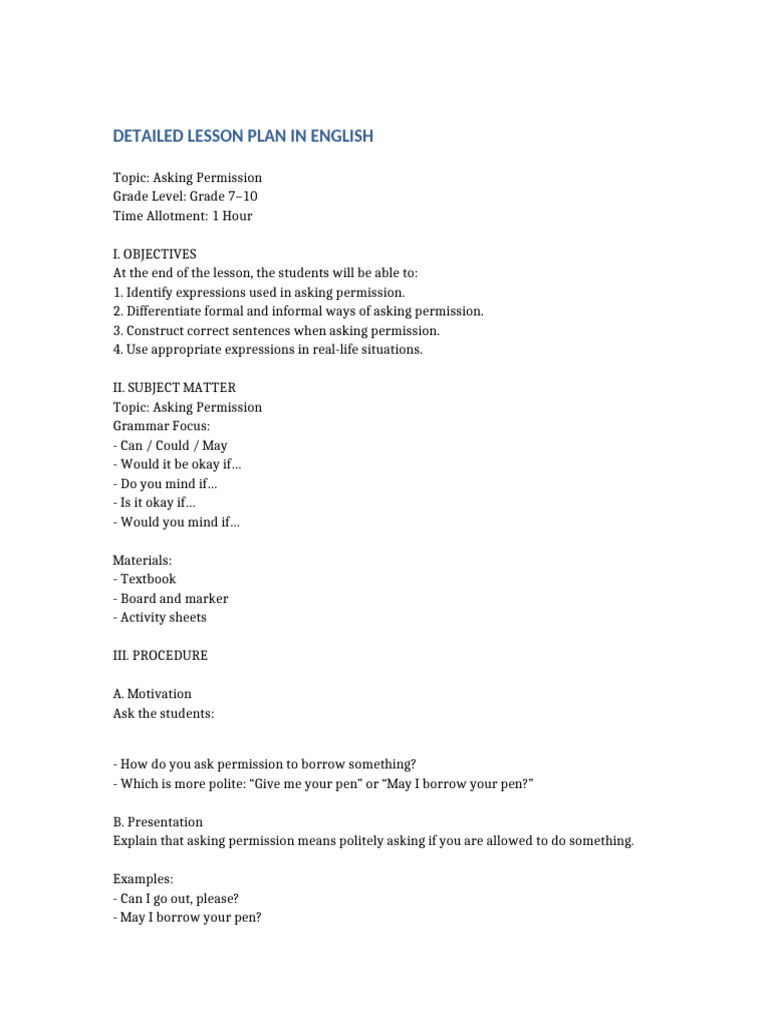 Asking Permission Lesson Plan | PDF | Linguistics | Human Communication