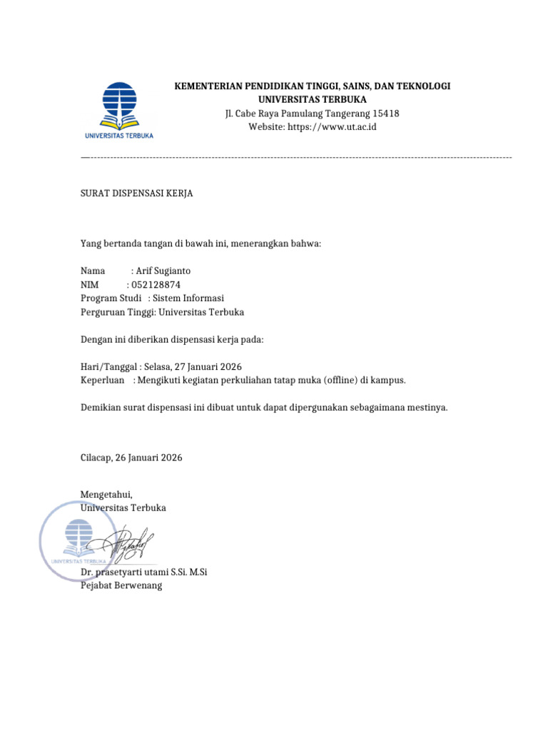 Surat Dispen Kerja Kop UT Logo | PDF