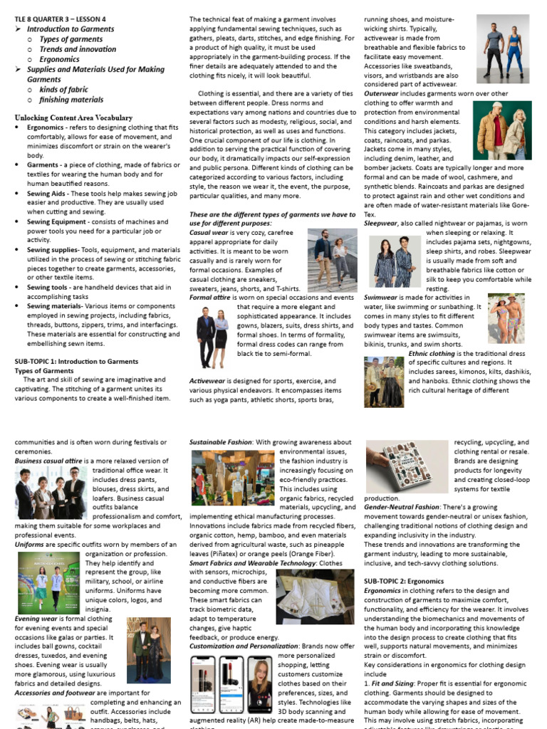 TLE 8 NOTES_FCS-Q3-L4_Introduction to Garments (1) | PDF | Textiles ...
