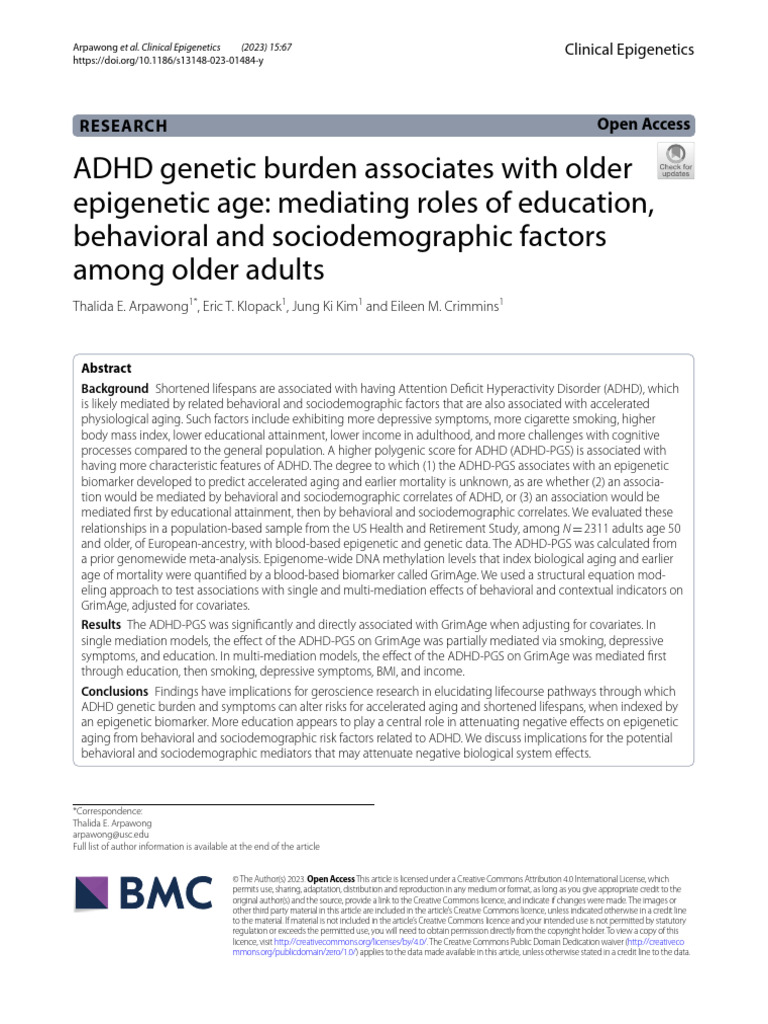 ADHD Genetic Burden Associates With Older Epigenetic Age. Mediating ...