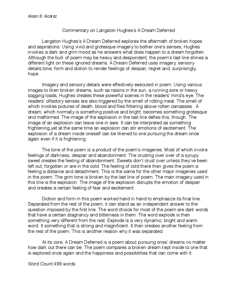 Commentary On Langston Hughes's A Dream Deferred | PDF | Dream | Feeling