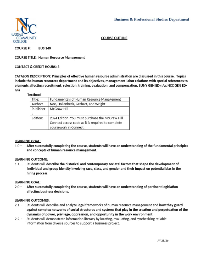 Bus 140 Course Outline 2025-2026 | PDF | Information Literacy | Employment