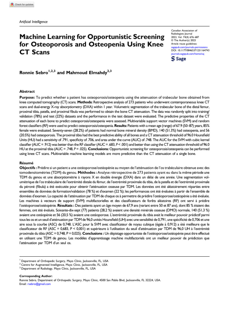Machine Learning For Opportunistic Screening For Osteoporosis and ...