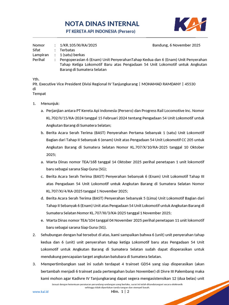 Nota Dinas Internal: PT Kereta Api Indonesia (Persero) | PDF