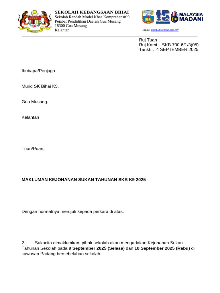 Surat Makluman Sukan | PDF