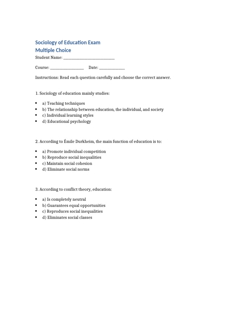 Exam Sociology Education 3 Questions | PDF