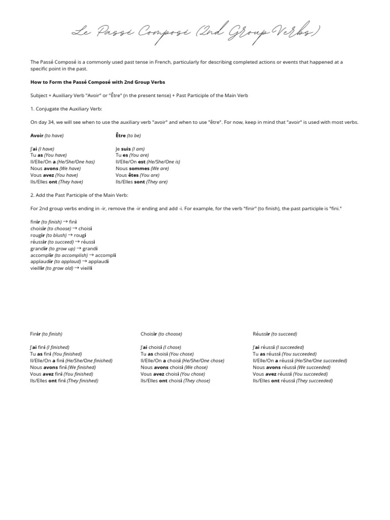 Le Passé Composé (2nd Group Verbs) | PDF