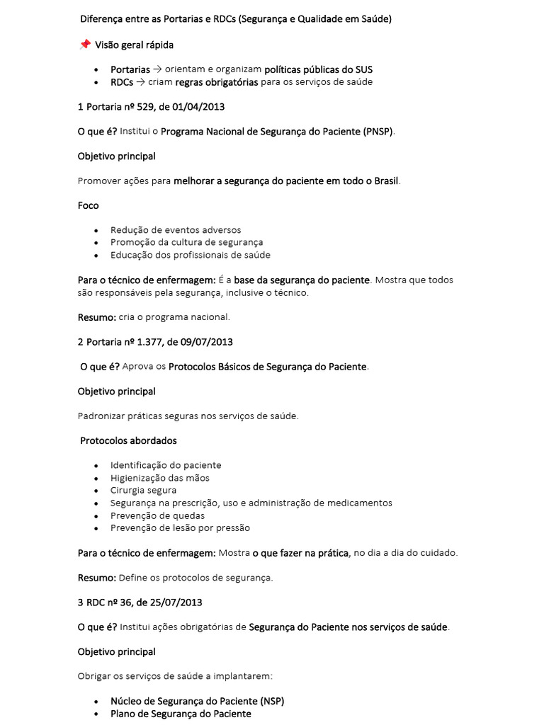 Resumo Portaria X RDC Da Segurança Do Paciente | PDF | Segurança do ...