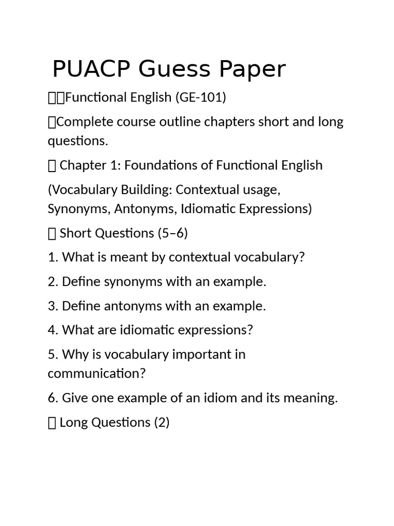 PUAC GUESS Paper (GE-101)Functional English | PDF | Memorandum ...