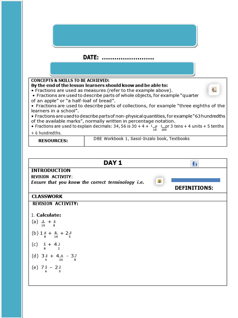 Grade 7 Common Fraction Lesson Plan Week 1 and 2 | PDF | Elementary ...