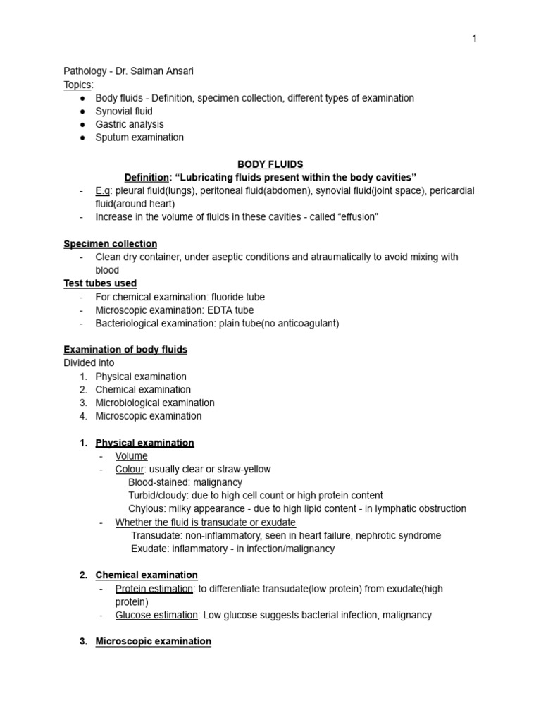 Examination of Body Fluids Notes | PDF | Stomach | Arthritis