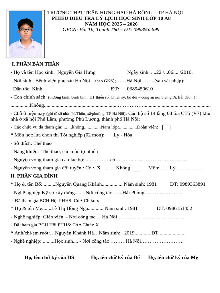 Sơ Yếu Lý Lịch HS 10A8 - 2025 | PDF
