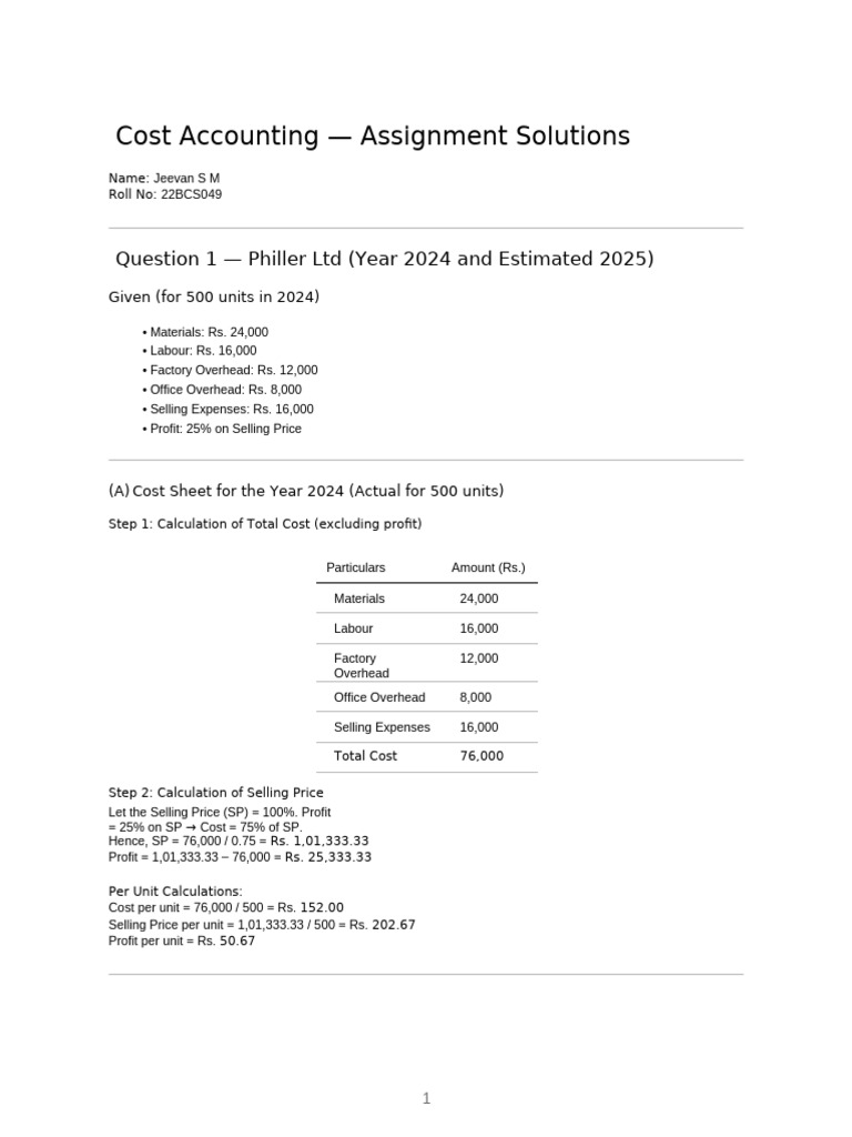 Cost Accounting Assignment Solutions Pdf Cost Cost Accounting 7323