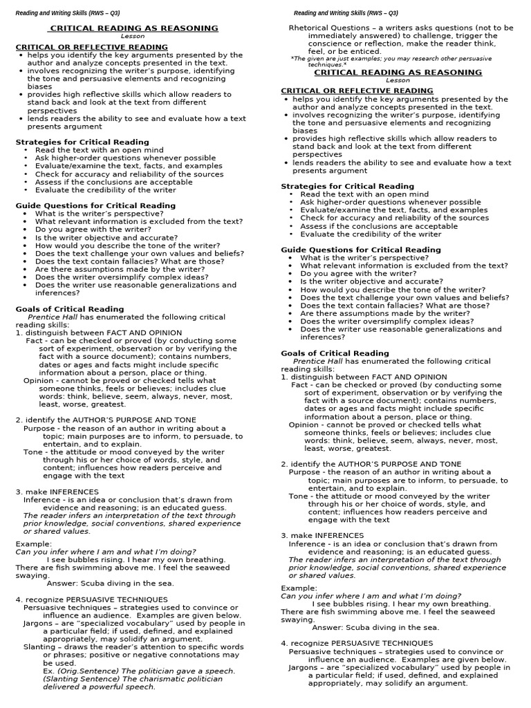 RWS 4 Handout Critical Reading Practice | PDF | Inference | Reason
