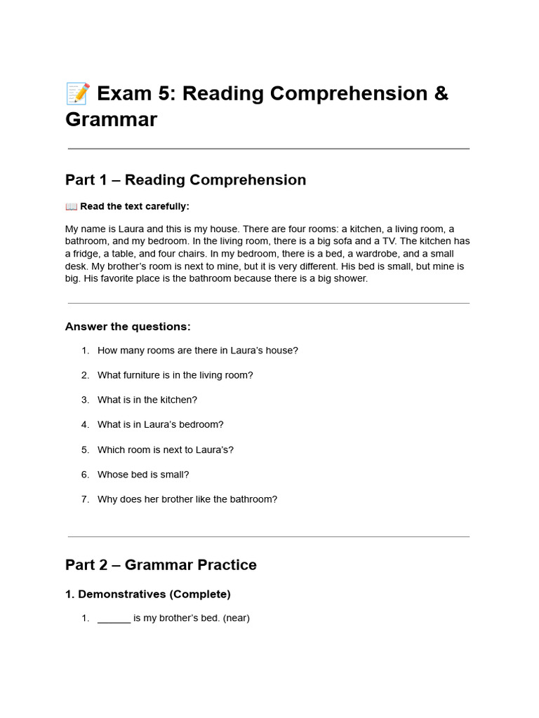 ? Exam 5 - Reading Comprehension & Grammar | PDF