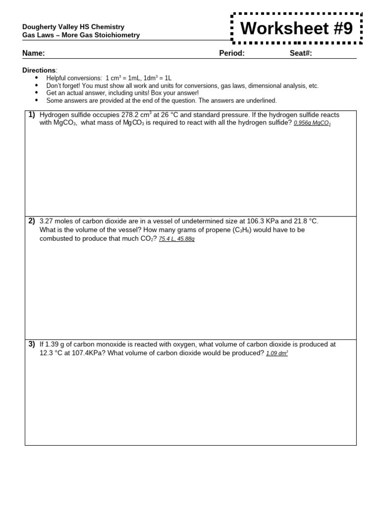 Gas Laws WS 9 More Gas Stoichiometry | PDF