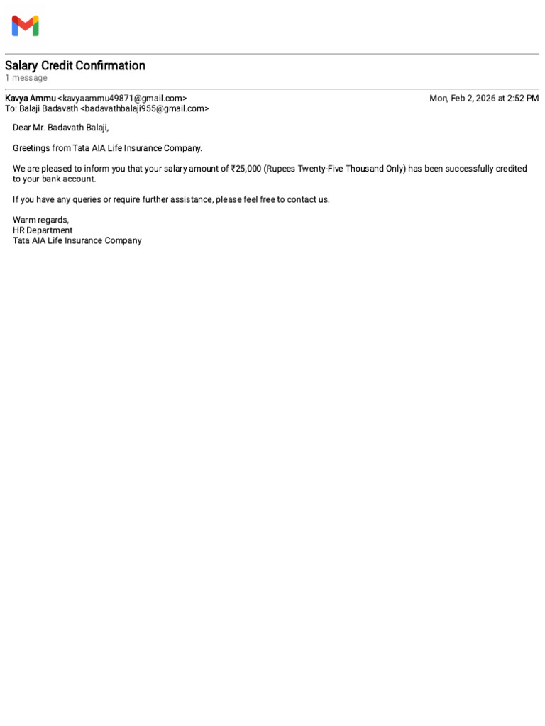 Gmail - Salary Credit Confirmation | PDF