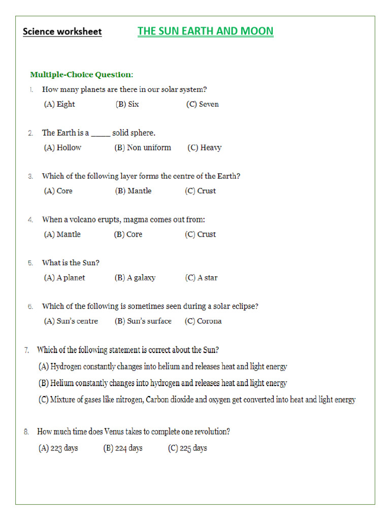 Class v Science Worksheet the Sun Earth and Moon | PDF