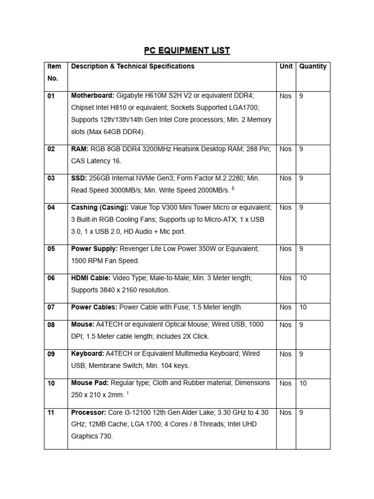 PC Equipment List | PDF