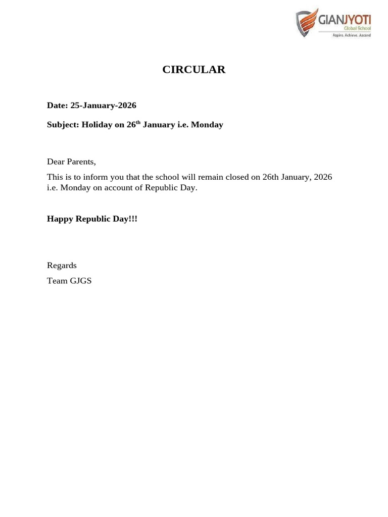 Circular-Holiday On 26th January 2026 | PDF