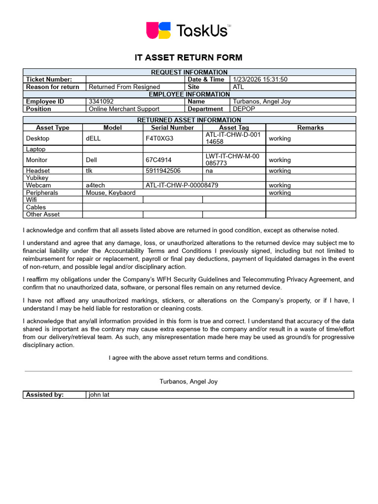 [Asset Return Form] - 3341092 Turbanos, Angel Joy - ARF0120263587 | PDF ...
