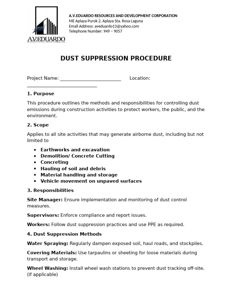 Ave - Dust Suppression Procedure | PDF | Dust | Personal Protective ...