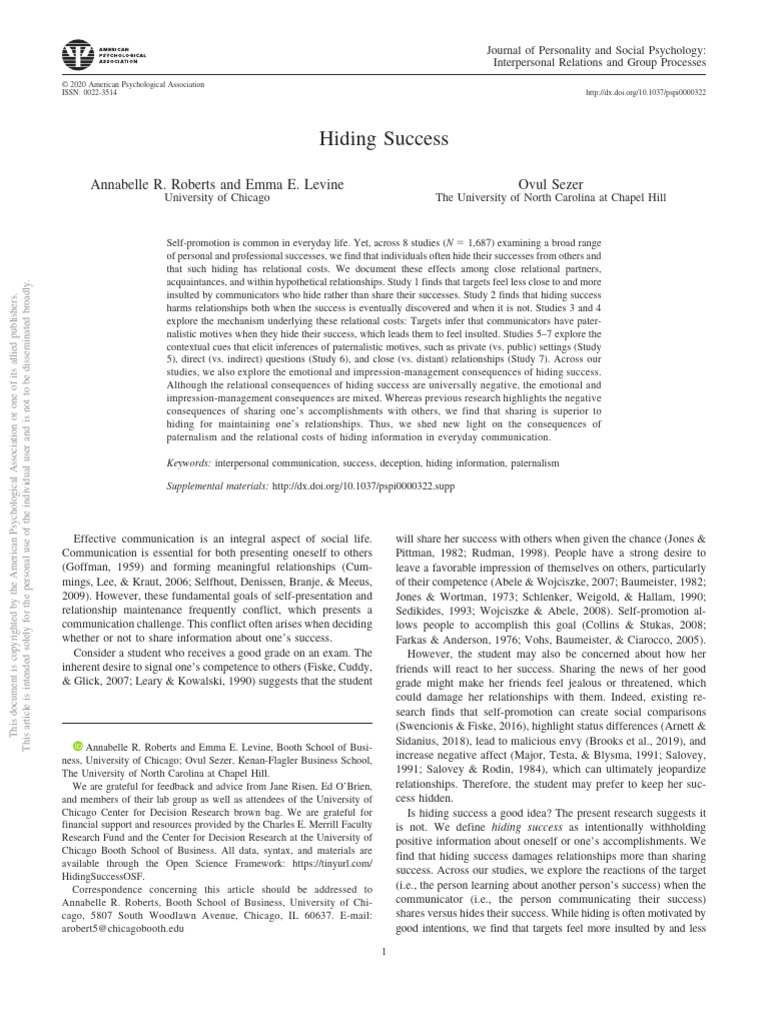 Ovul-Sezer_Hiding-Success | PDF | Intimate Relationships | Emotions