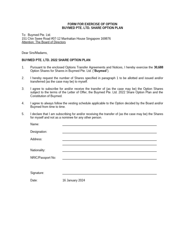 Form of Excercise Option | PDF